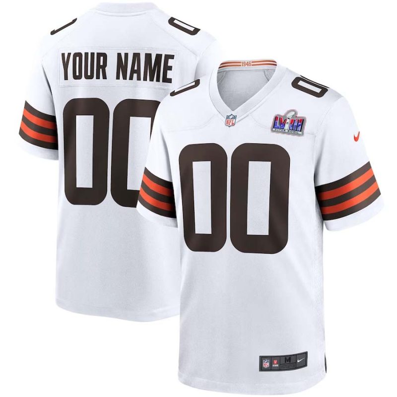 Men Custom White Cleveland Browns Super Bowl LVIII Away Game Jersey ...