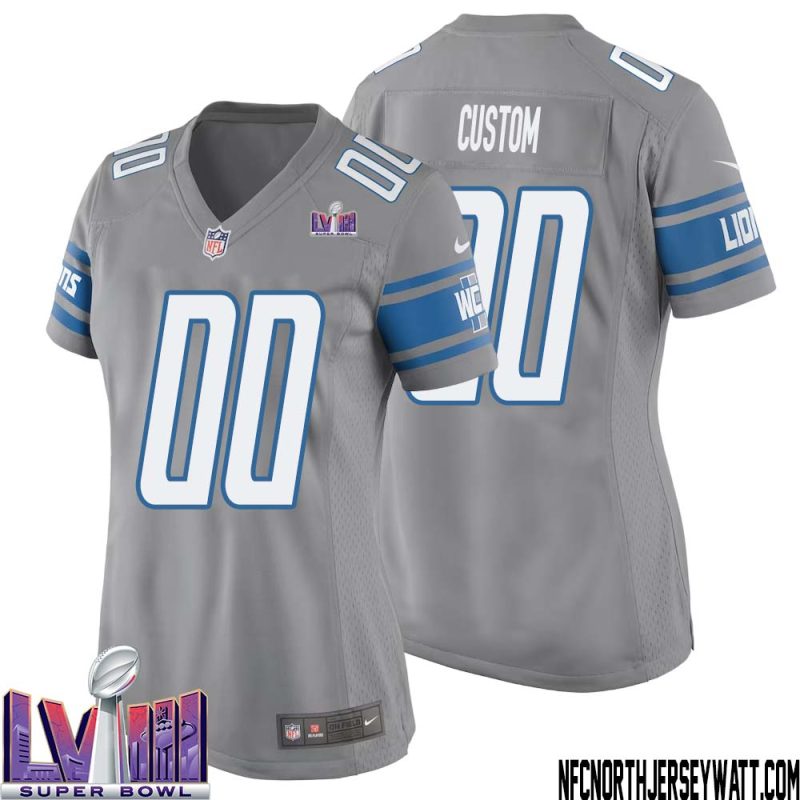 Women Custom Gray Detroit Lions Alternate Super Bowl LVIII Game Jersey ...